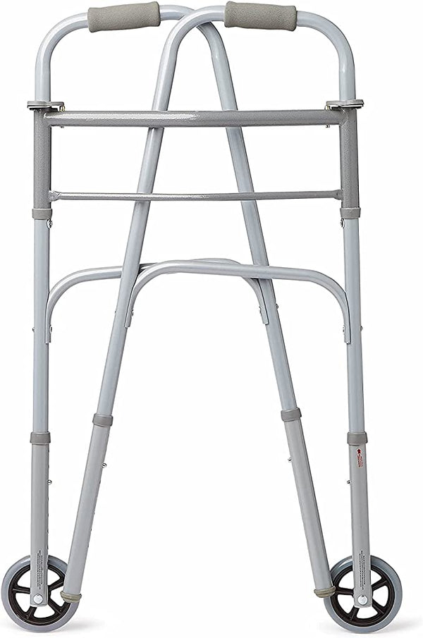 HEALTHLINE Deluxe Folding Walker with Front 5" Wheels, 2-Button Easy ...